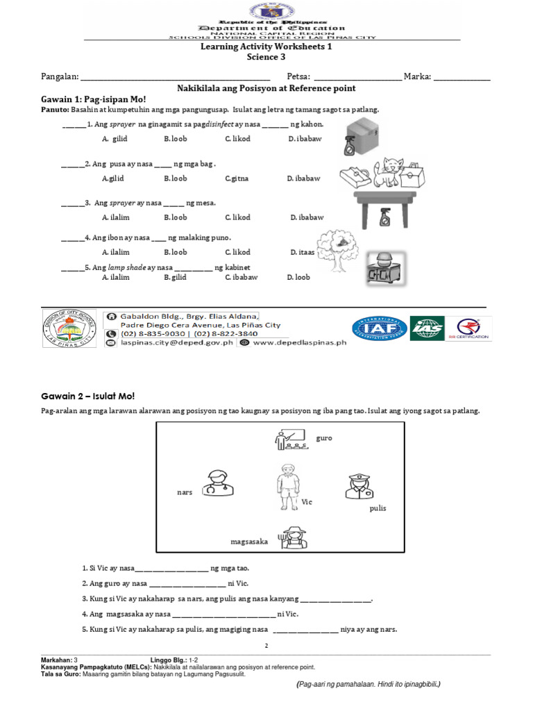 Learning Activity Worksheets 1 Science 3 Nakikilala Ang Posisyon at ...