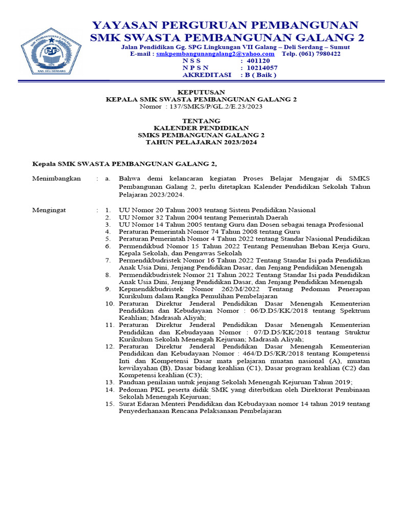 SK Kalender Pendidikan SMK2 | PDF
