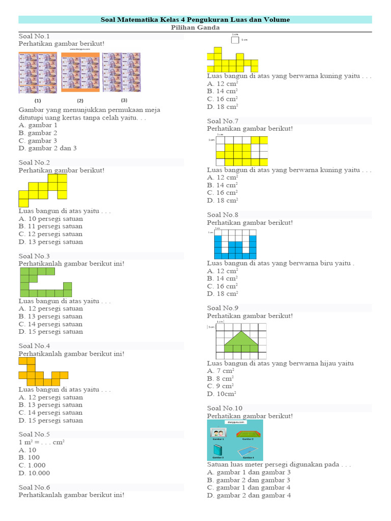 Soal Matematika Kelas 4 Pengukuran Luas Dan Volume | PDF