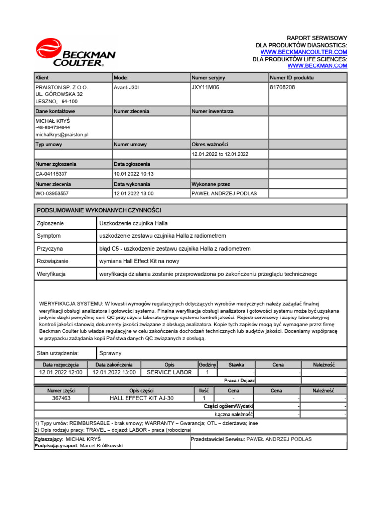 BEC Work Order Service Report Polish a1N5b00000FiW5XEAV 20220112150600 | PDF