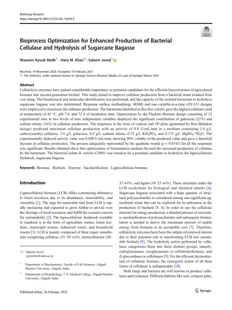 Bioprocess Optimization For Enhanced Production Of Bacterial Cellulase And Hydrolysis Of