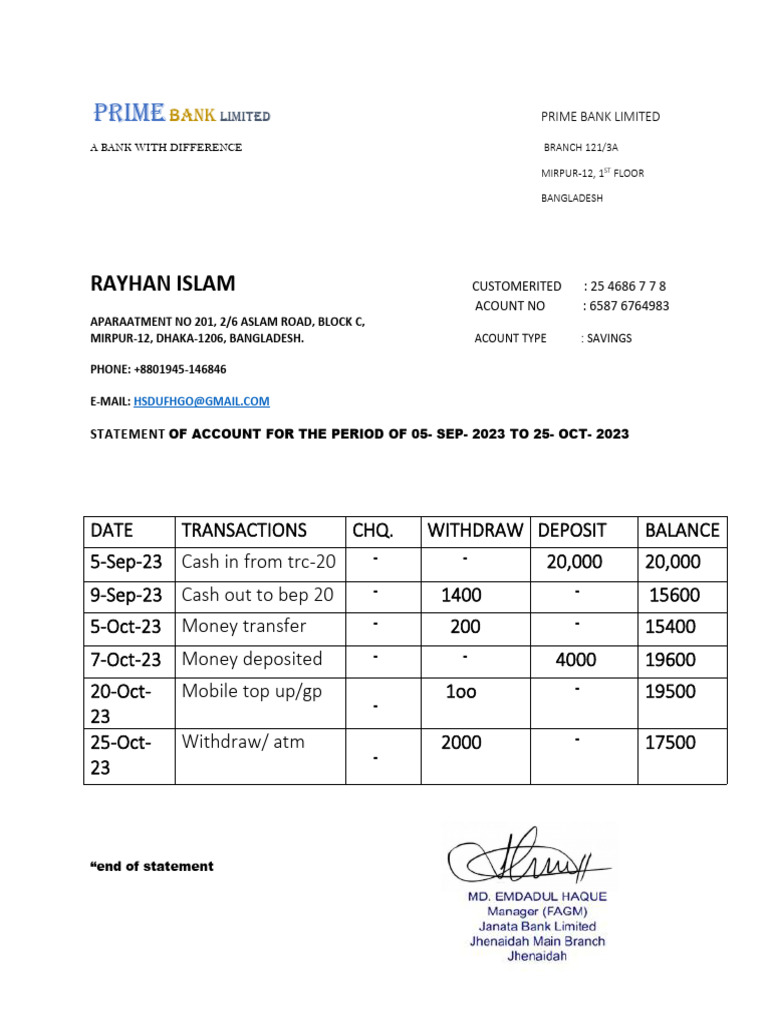 Prime Bank Savings Account Statement | PDF