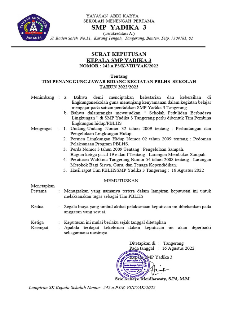 Surat Keputusan Adiwiyata 2022 | PDF