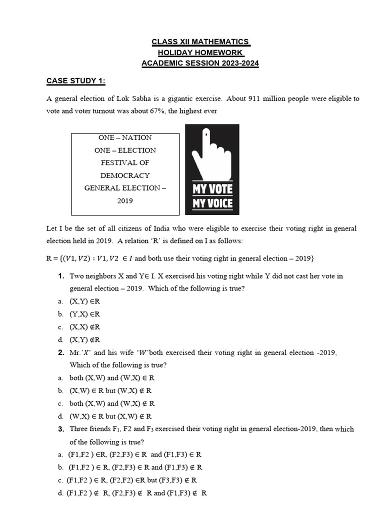 Holiday Homework Class XII Maths - 2023-2024 | PDF | Elections | Function (Mathematics)