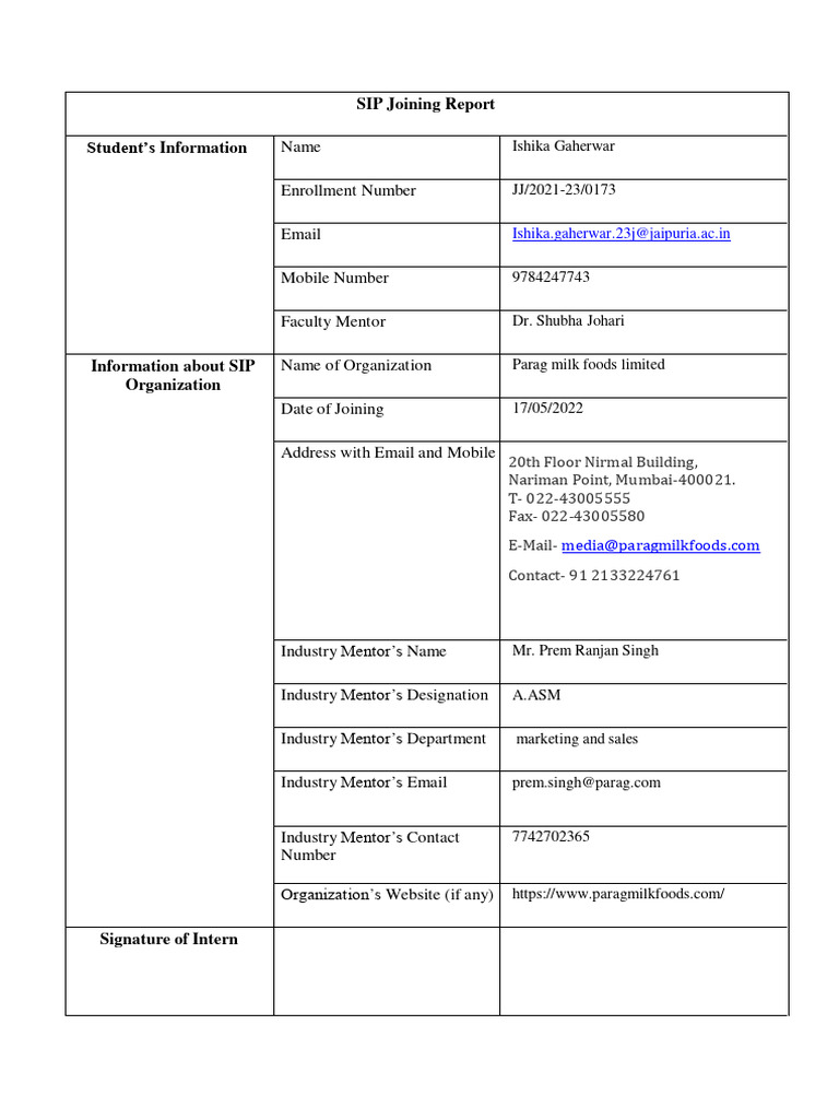 SIP Joining Report Ishika Gaherwar - Jaipuria - Jaipur | PDF