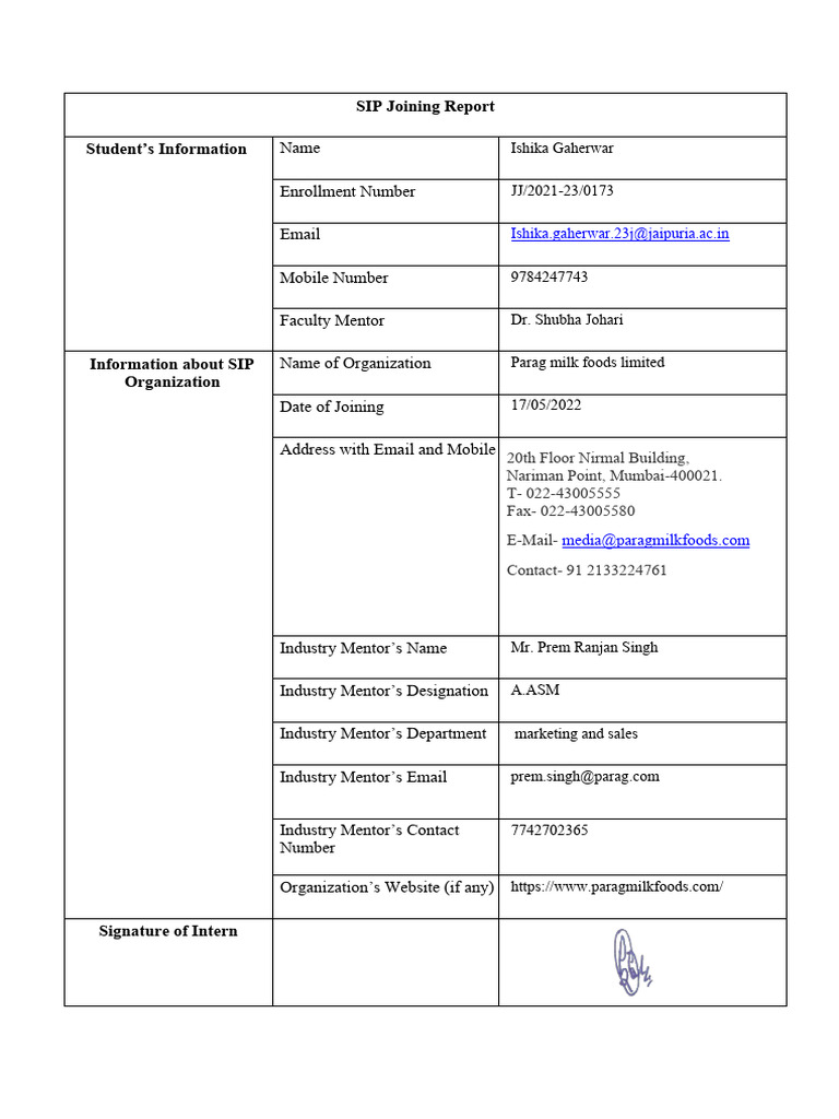 SIP Joining Report Ishika Gaherwar - Jaipuria - Jaipur | PDF