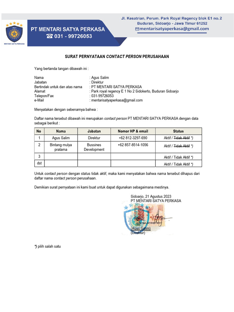 Surat Pernyataan Contact Person | PDF
