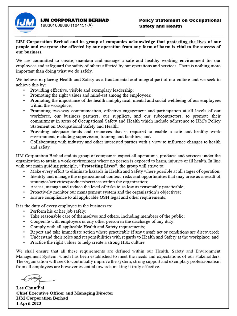 Policy Statement For OSH - English Version | PDF | Occupational Safety ...