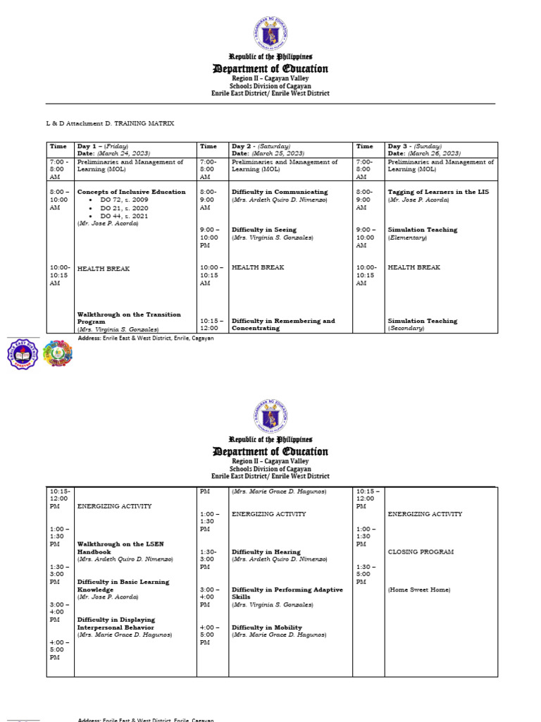 Attachment D TRAINING MATRIX | PDF | Pedagogy | Human Communication
