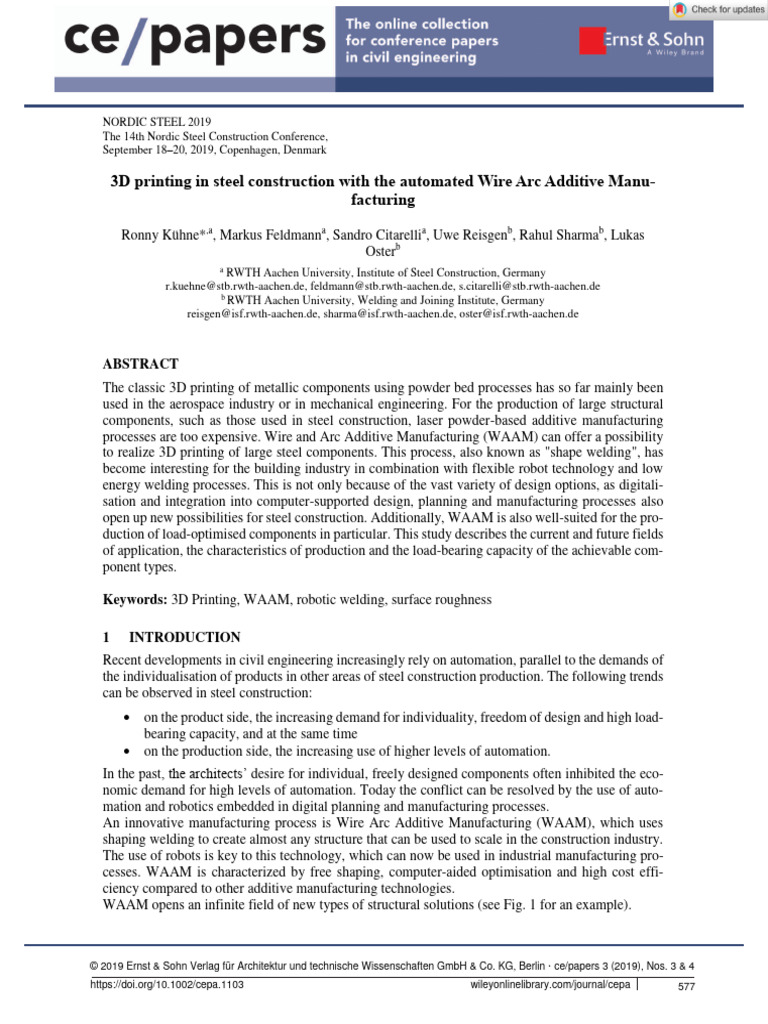 Ce Papers - 2019 - K Hne - 3D Printing in Steel Construction With The ...
