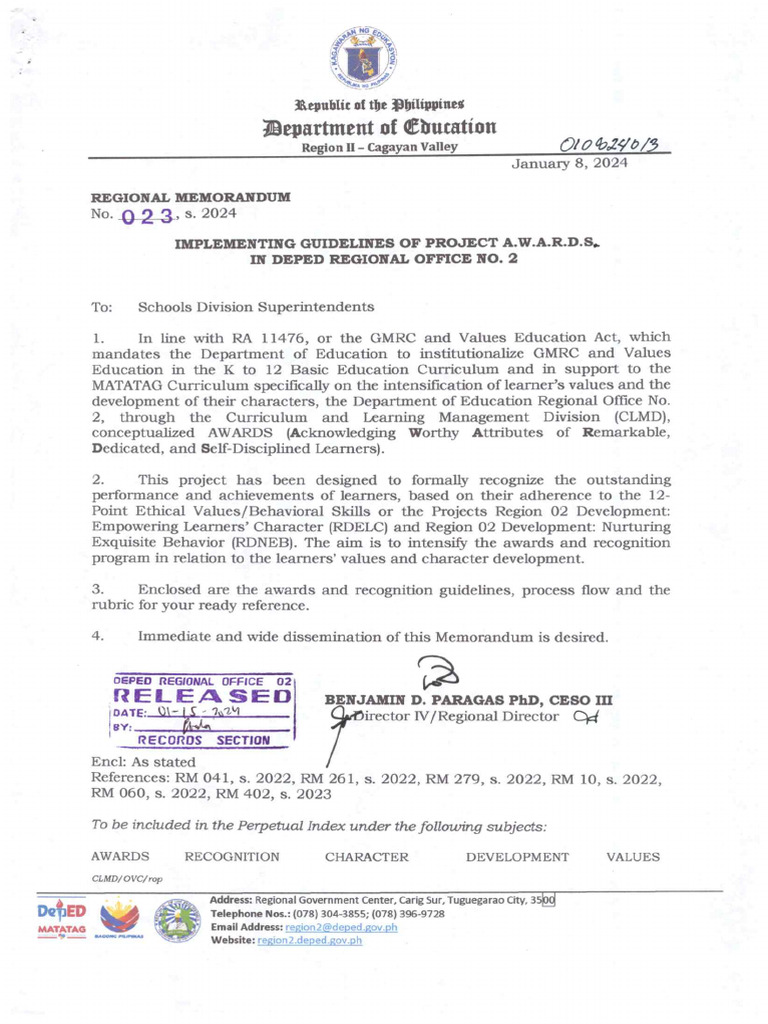 REGIONAL MEMORANDUM No. 023 S. 2024 IMPLEMENTING GUIDELINES OF PROJECT A.W.A.R.D.S IN DEPED ...