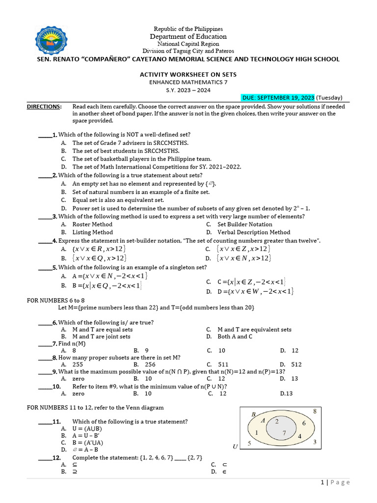 G7 1Q SETS Activity-Worksheet | PDF | Set (Mathematics) | Mathematical ...