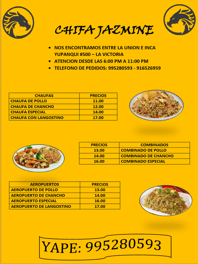 Carta Chifa Jazmine | PDF | Alimentos | Comida y bebida