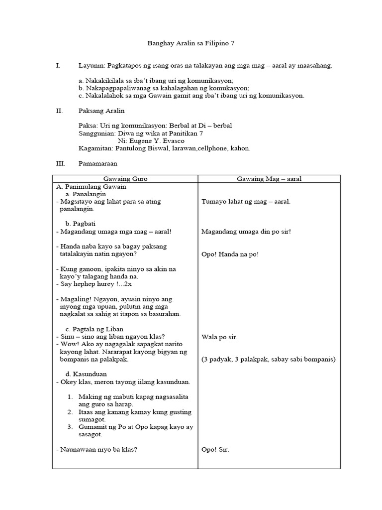 Banghay Aralin Sa Filipino 7 | PDF