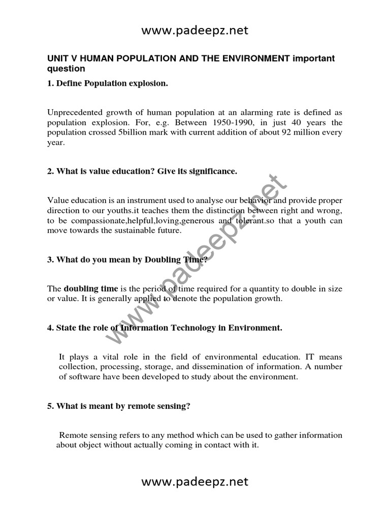 UNIT V HUMAN POPULATION AND THE ENVIRONMENT Important Question | PDF ...