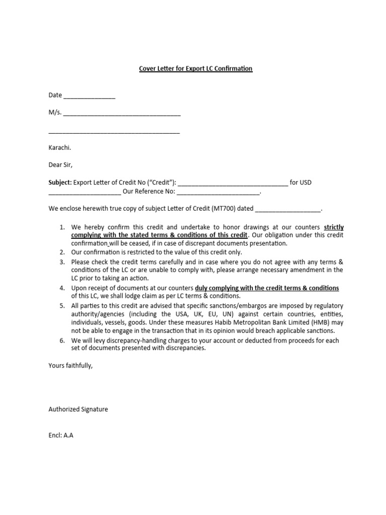 Cover Letter For Export LC Confirmation | PDF