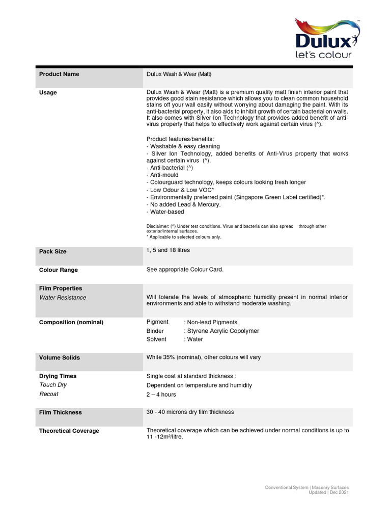 Dulux WW Matt Tds | PDF | Paint | Materials