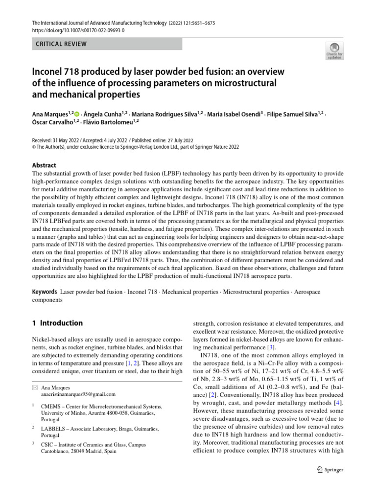 Inconel 718 Produced by Laser Powder Bed Fusion: An Overview of The Influence of Processing ...