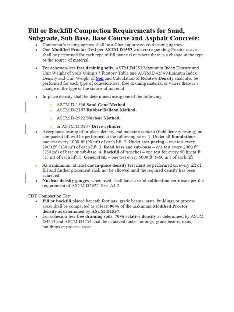 Fill or Backfill Compaction Requirements For Sand | PDF