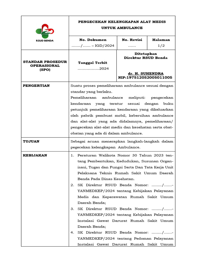 SPO Pengecekan Kelengkapan ALAT MEDIS Ambulance BENDA | PDF