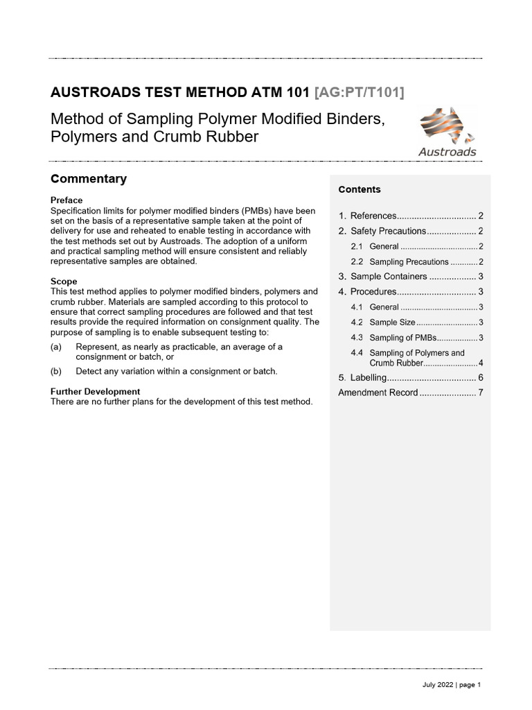 ATM-101-22 Sampling PMBs Polymers Crumb Rubber | PDF ATM-101-22 Sampling PMBs Polymers Crumb Rubber | PDF