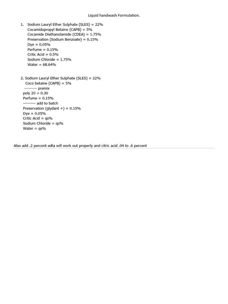 Liquid Handwash Formulation Guide | PDF | Cooking, Food & Wine ...