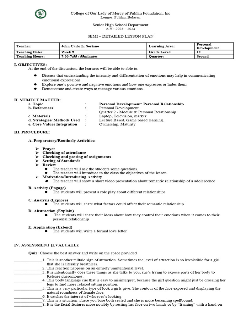 SDLP Week 9 John Carlo Soriano | PDF | Teachers | Emotions