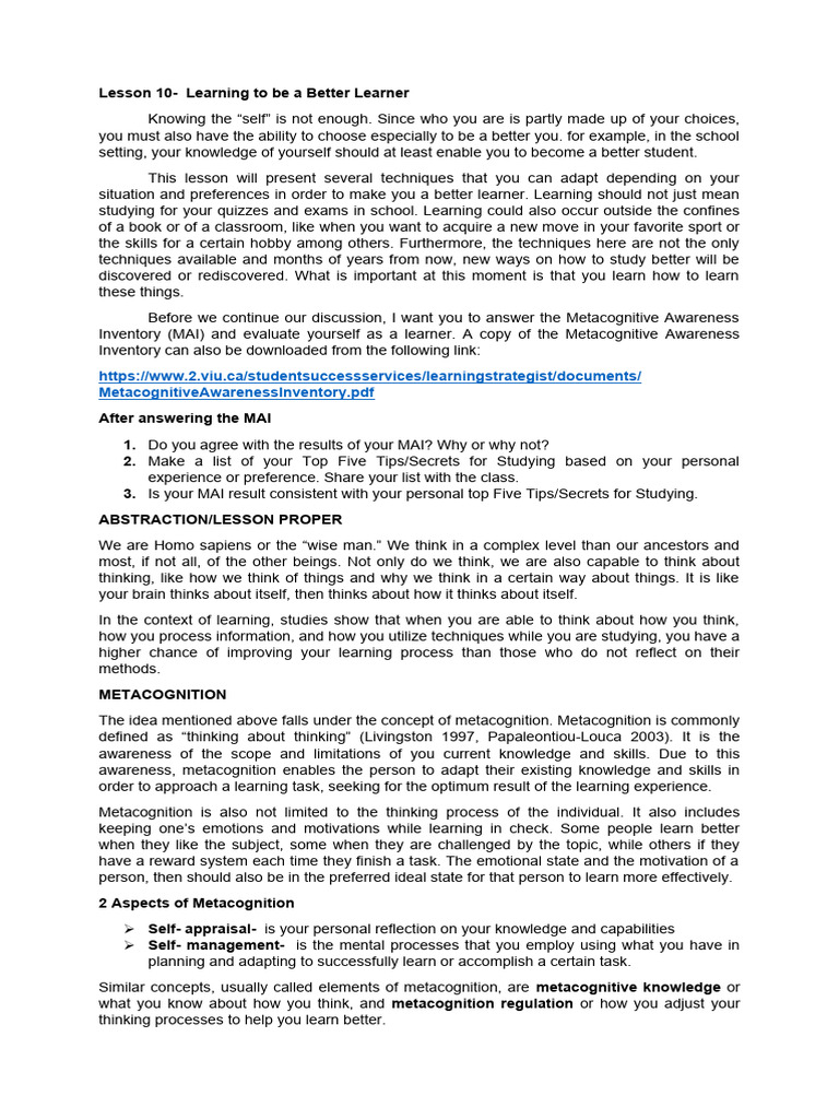 Lesson 10 Learning To Be A Better Learner | PDF | Metacognition | Learning