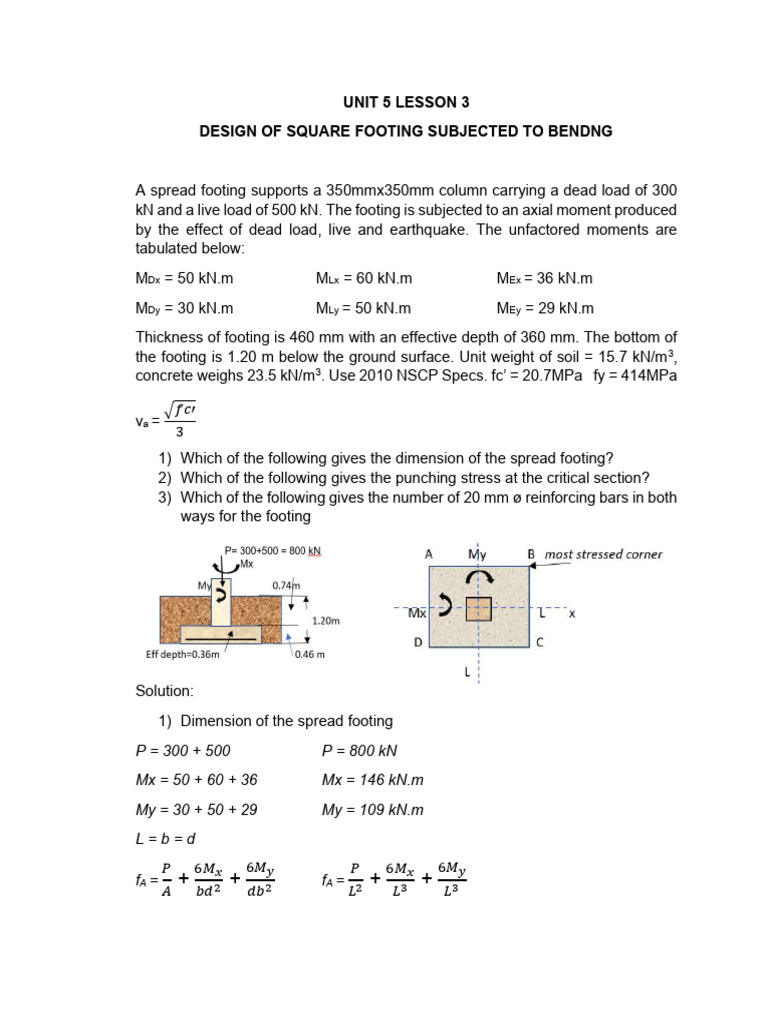 Unit 5 Lesson 3 Design of Square Footing Subjected To Bending | PDF ...