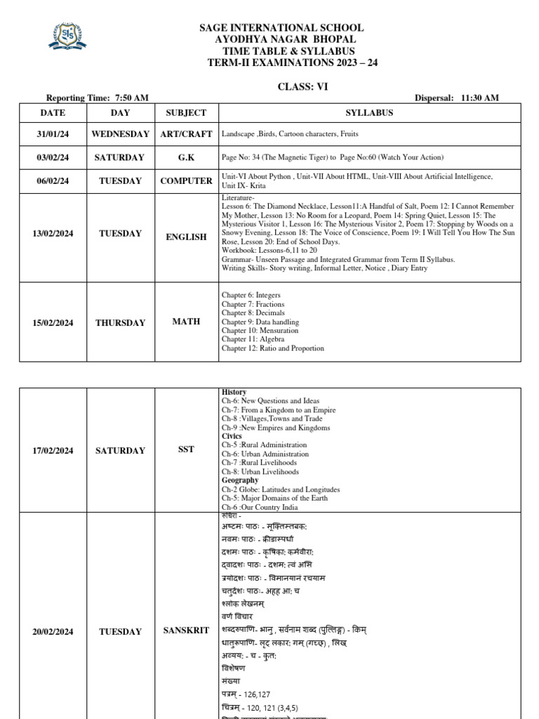 TERM-II CLASS VI TIME TABLE & SYLLABUS - Final | PDF
