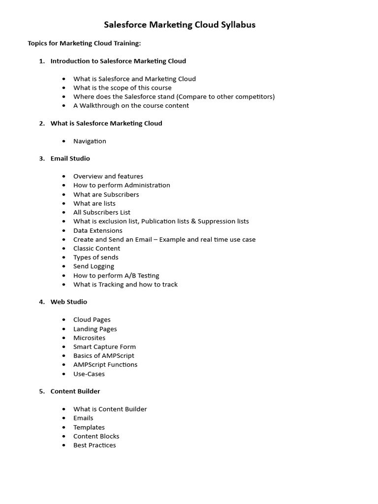 Salesforce Marketing Cloud Syllabus | PDF | Marketing | Cloud Computing Salesforce Marketing Cloud Syllabus | PDF | Marketing | Cloud Computing