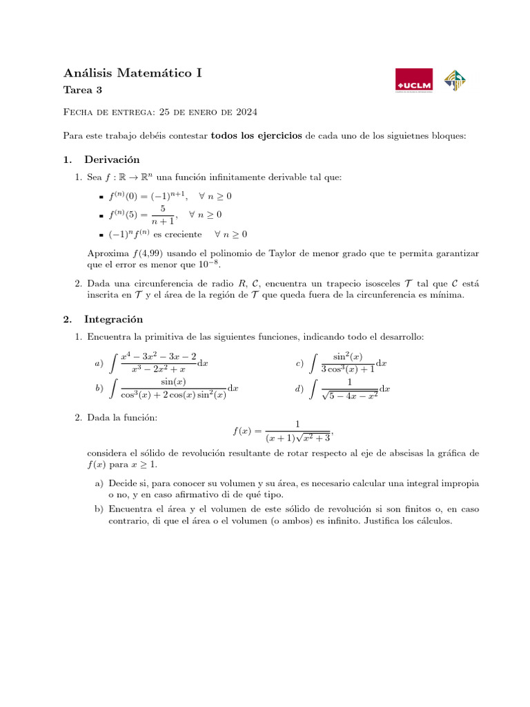 Tarea de Análisis Matemático I | PDF | Integral | Relaciones matematicas
