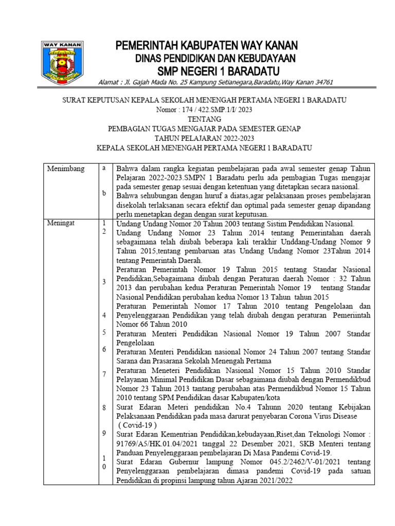 SK Pembagian Tugas Mengajar SMT Genap 2022 | PDF