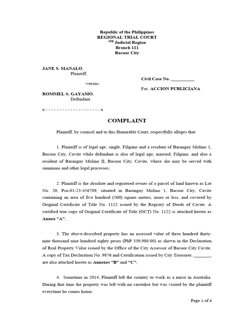 Complaint Accion Publiciana | PDF