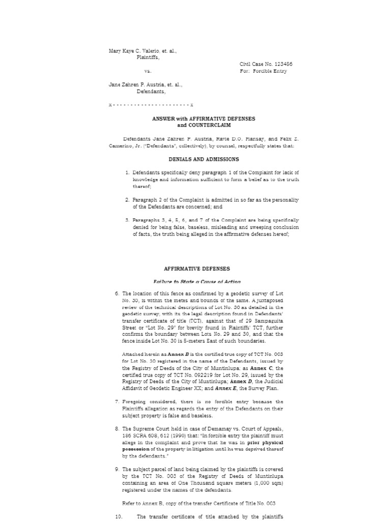 Answer To A Forcible Entry Complaint | PDF