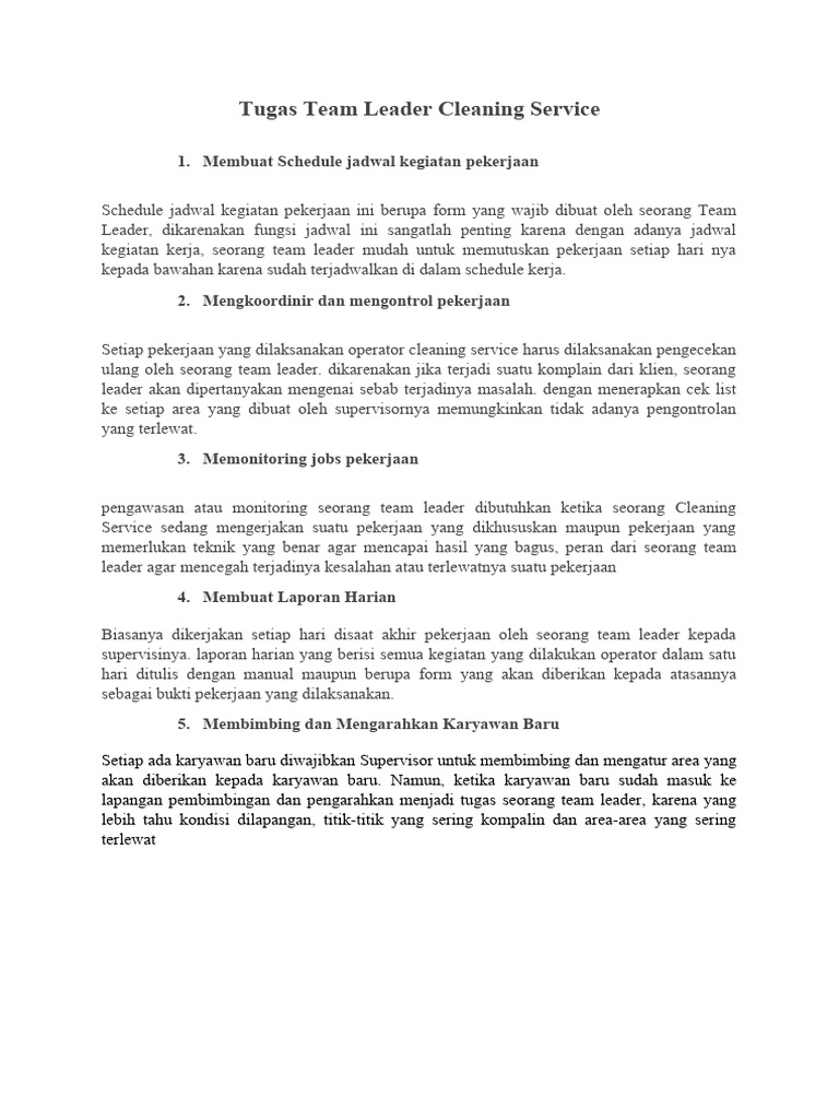 Tugas Team Leader Cleaning Service | PDF