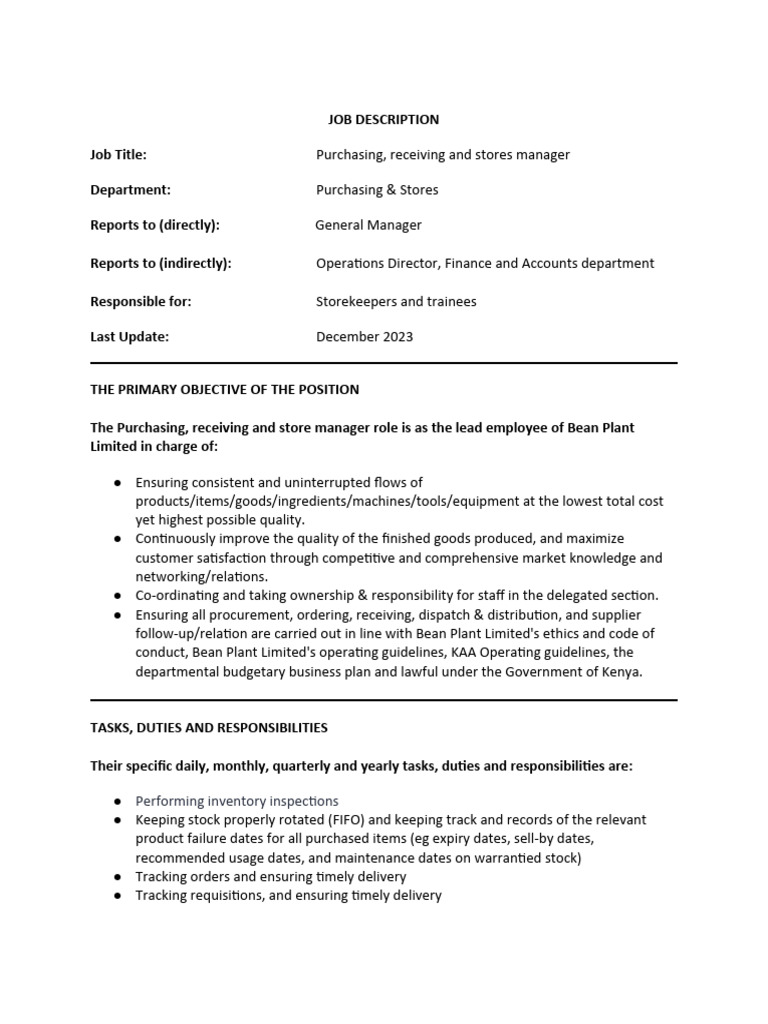 Purchasing and Stores Manager Role | PDF | Occupational Safety And ...