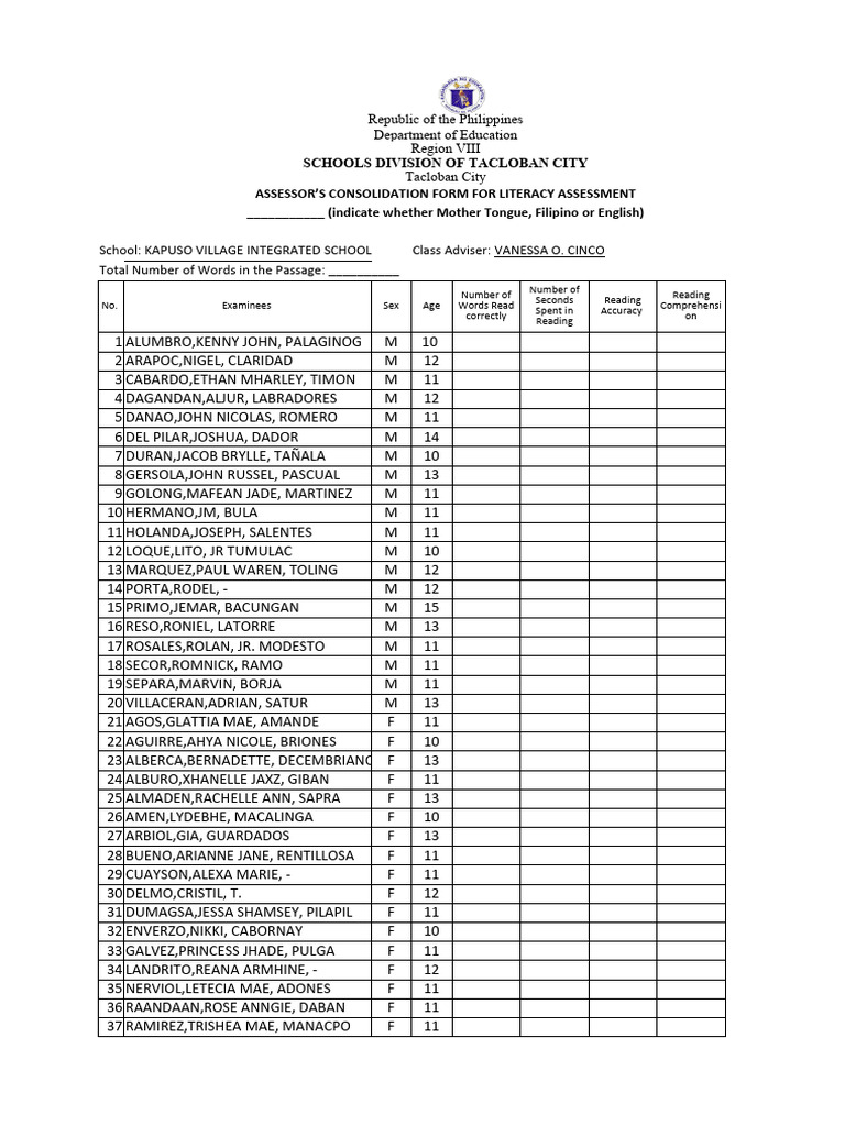 Assessors Conso Form Literacy With Formula 5 PEARL | PDF