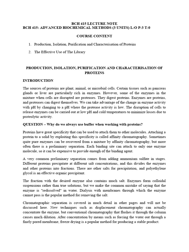 BCH 415-Lecture Note 2023 | PDF | Protein Purification | Chromatography BCH 415-Lecture Note 2023 | PDF | Protein Purification | Chromatography
