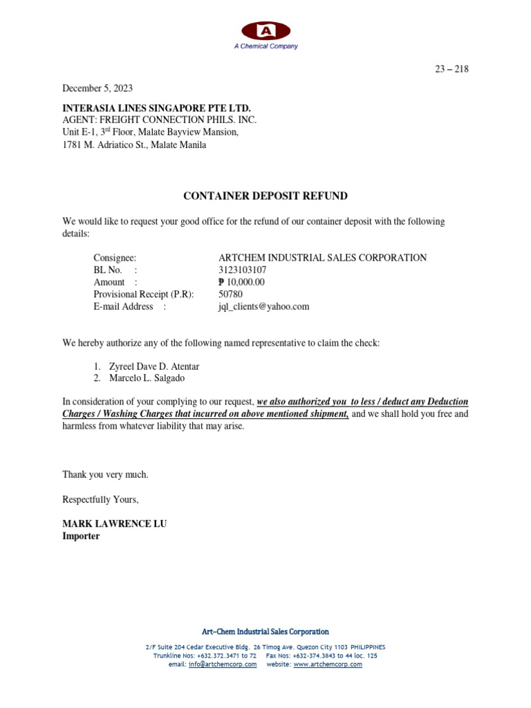 Container Deposit Refund Request | PDF