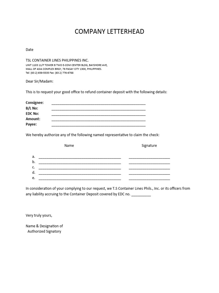 Container Deposit Refund TS LINES | PDF