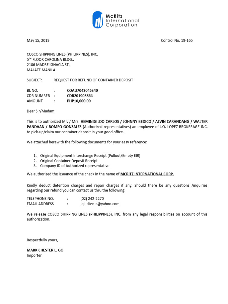 Container Refund - COSCO | PDF