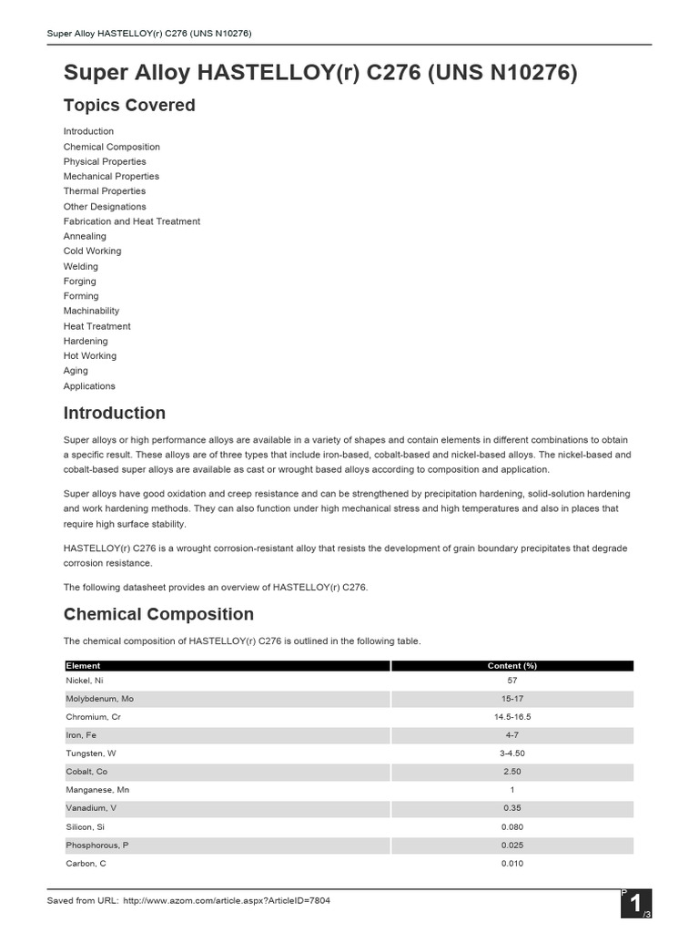 Super Alloy HASTELLOY (R) C276 (UNS N10276) | PDF | Alloy | Heat Treating