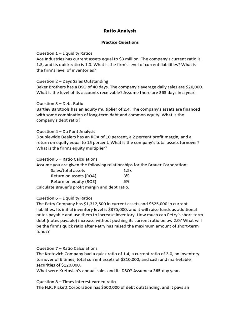 Practice Questions - Ratio Analysis | PDF