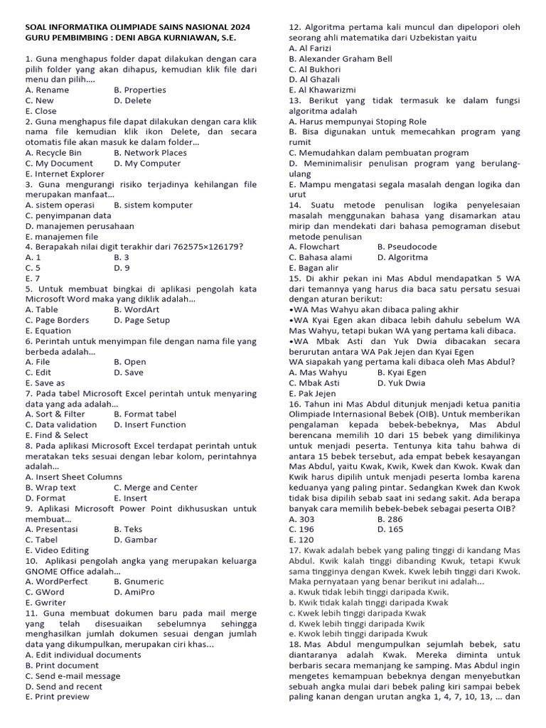 SOAL INFORMATIKA OLIMPIADE SAINS NASIONAL 2024 Cetak | PDF | Komputer