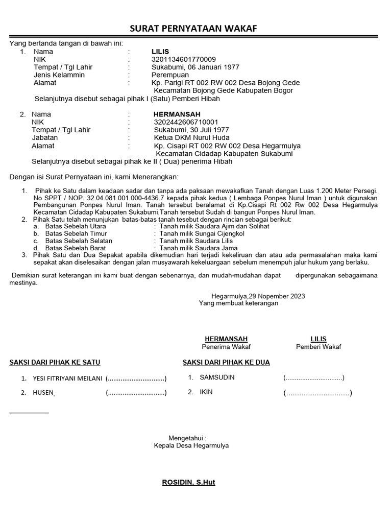 Surat Pernyataan Wakaf | PDF