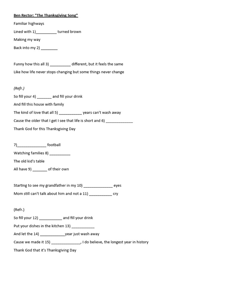 Ben Rector - The Thanksgiving Song - Lyrics - Gaps - Students | PDF