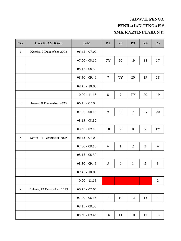 Jadwal Pengawas Ruang Pas Genap 2023 | PDF