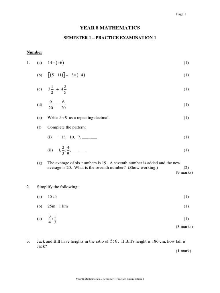 Yr 8 MA Sem 1 Practice Exam 1 | PDF | Speed | Mathematics