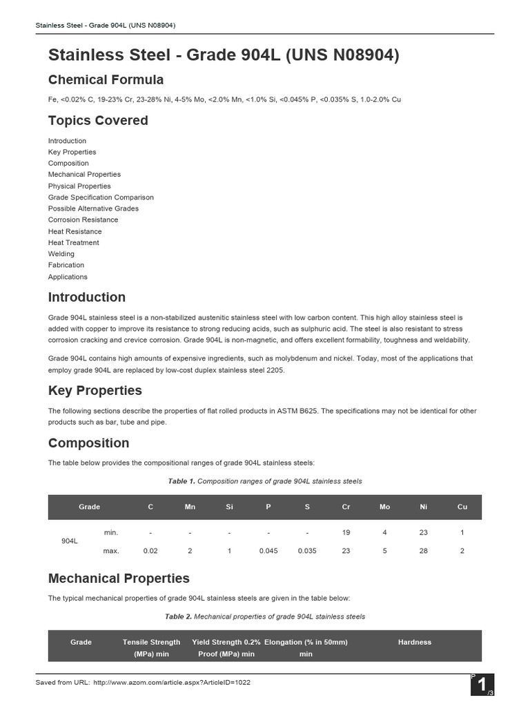 Stainless Steel Grade 904L (UNS N08904) | PDF | Building Engineering ...